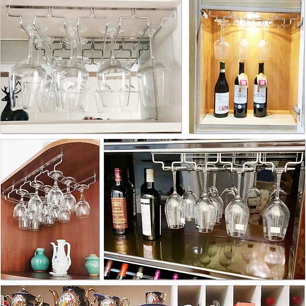 V3VOGUE Steel Under Cabinet Wine Glass Holder Rack, Stemware Holder, 3/4/5/6/7/8 Row Glasses Storage Hanger, Hanging Champagne Goblets Holders, with Screws (Row : 6Row, Size : Width: 28cm)