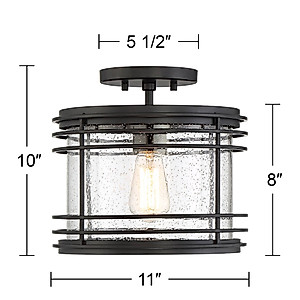 Possini Euro Design Mackie Modern Outdoor Semi Flush-Mount Ceiling Light Fixture Black Geometric 11" Clear Seedy Glass for Exterior House Porch Patio Outside Deck Garage Front Door Garden Home