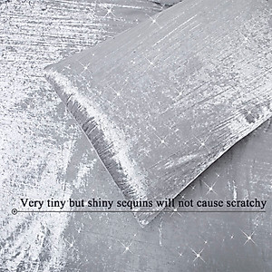 YINFUNG Velvet Duvet Cover Silver Queen Luxury Grey Crushed Velvet Boho Crinkle Light Grey Sequin Glossy Sparkle Glitter Vibrant Textured 90×90 Winter Bedding Set