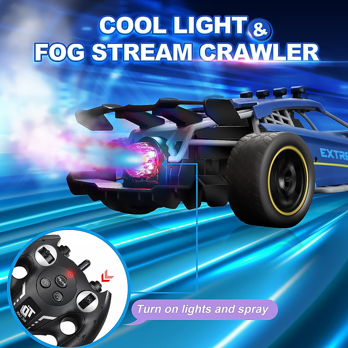 tomser RC Car, Fog Racer Remote Control Car for Kids Racing Hobby Toy with Rear Fog Stream 1:12 4WD Crawler Toy Car Model Vehicle for Boy Girl Adults LED Light Monster Truck with Rechargeable Battery