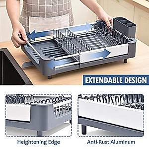 TOOLF Aluminum Extendable Dish Rack, Dual Part Dish Drying Rack with Non-Scratch and Movable Cutlery Drainer and Drainage Spout, Adjustable Dish Drainer for Kitchen, 1 Piece Grey