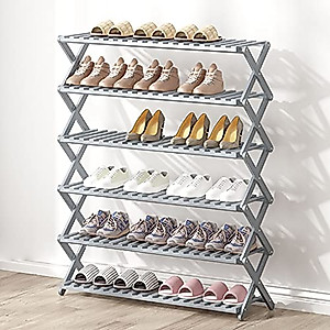 6-Tier Foldable Bamboo Shoe Organizer Rack, Bamboo Stackable Shoe Shelf Storage Organizer, Shoe Rack Household Shelves Multifunctional Storage Free Standing Shoe Shelf Grey