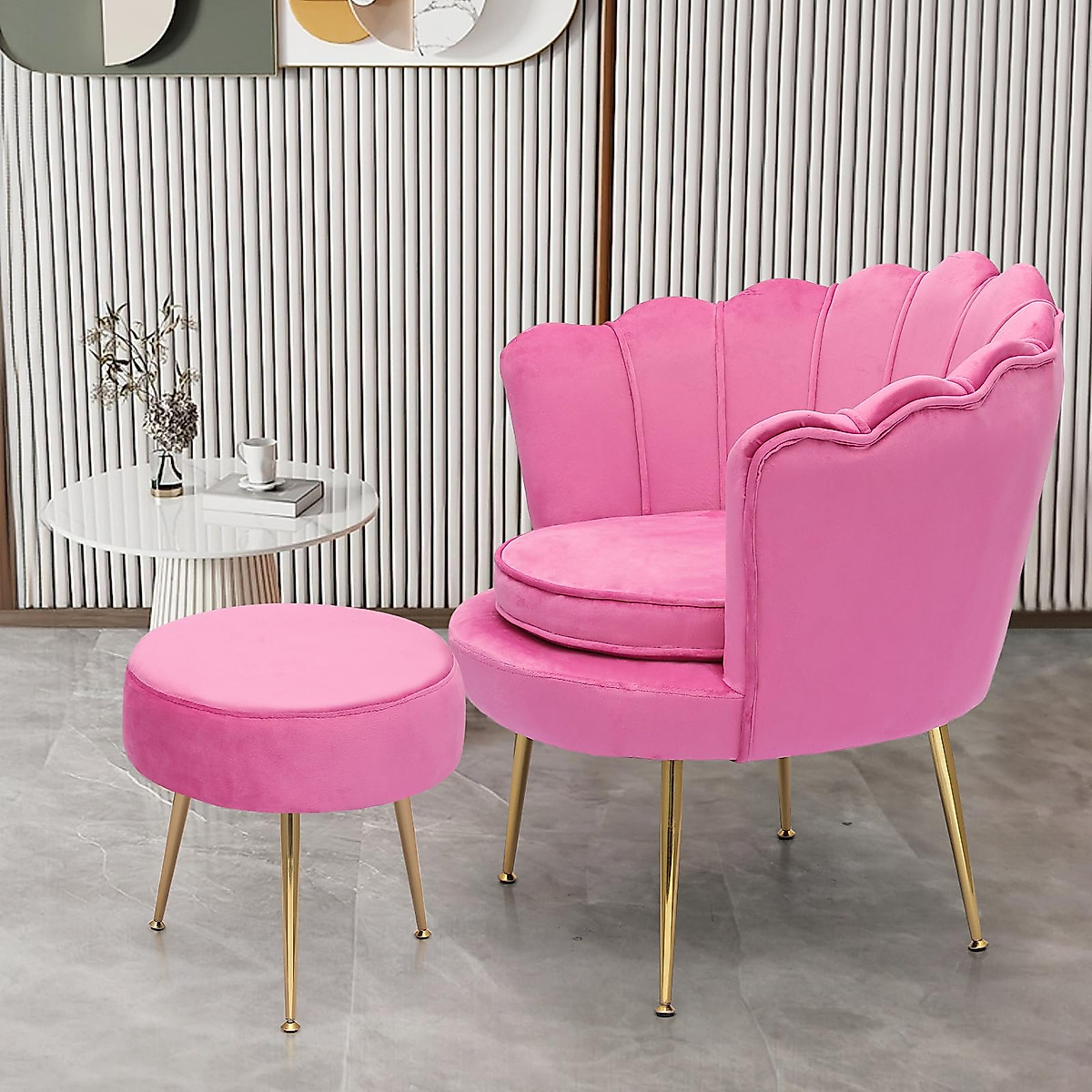 MoNiBloom Pink Accent Chair with Ottoman, Living Room Upholstered Modern Velvet Chair, Bedroom Leisure Single Sofa Chair Armchair Comfy Chair Reading Club Coffee Chair with Pillow and Soft Cushion