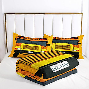 BBchose 3D Cartoon School Bus Bedding Set for Kids，Funny School Bus Ultra Soft All Seasons Comforter Set Cool Car Theme Bed Set 1 Comforter 2 Pillowcases (Queen)
