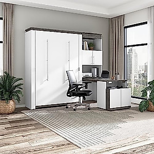 Bestar Orion Murphy Bed with Storage Cabinet and Fold-Out Desk (91W), Sleeping Arrangement with Work Surface, Full, White & Walnut Grey