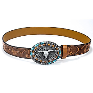 FGSS Western-Cowboy-Leather-Belts for Women Turquoise-Oval-Buckle Embossed Cowgirl Belt for Jeans Pants