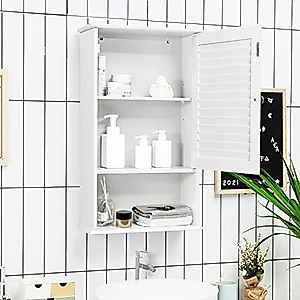 Tangkula Medicine Cabinet, Wall Mounted Bathroom Cabinet Single Door Wooden Bathroom Wall Cabinet with Adjustable Shelf