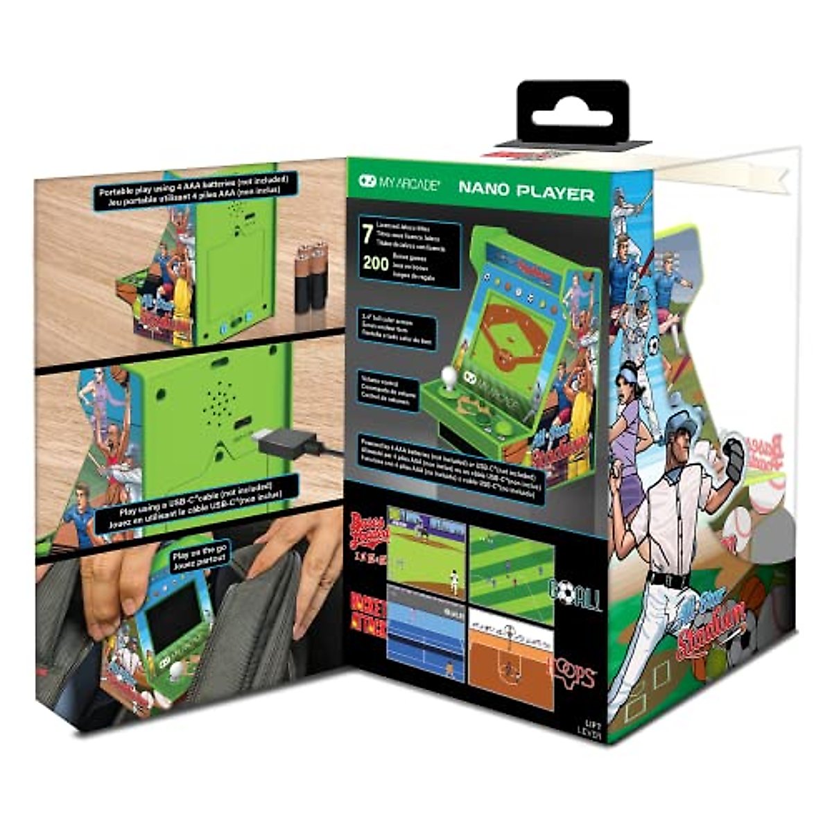 My Arcade All Star Stadium Nano Player- Portable Mini Arcade Machine with 207 Retro Games, 2.4" Screen, Green, Tiny Arcade