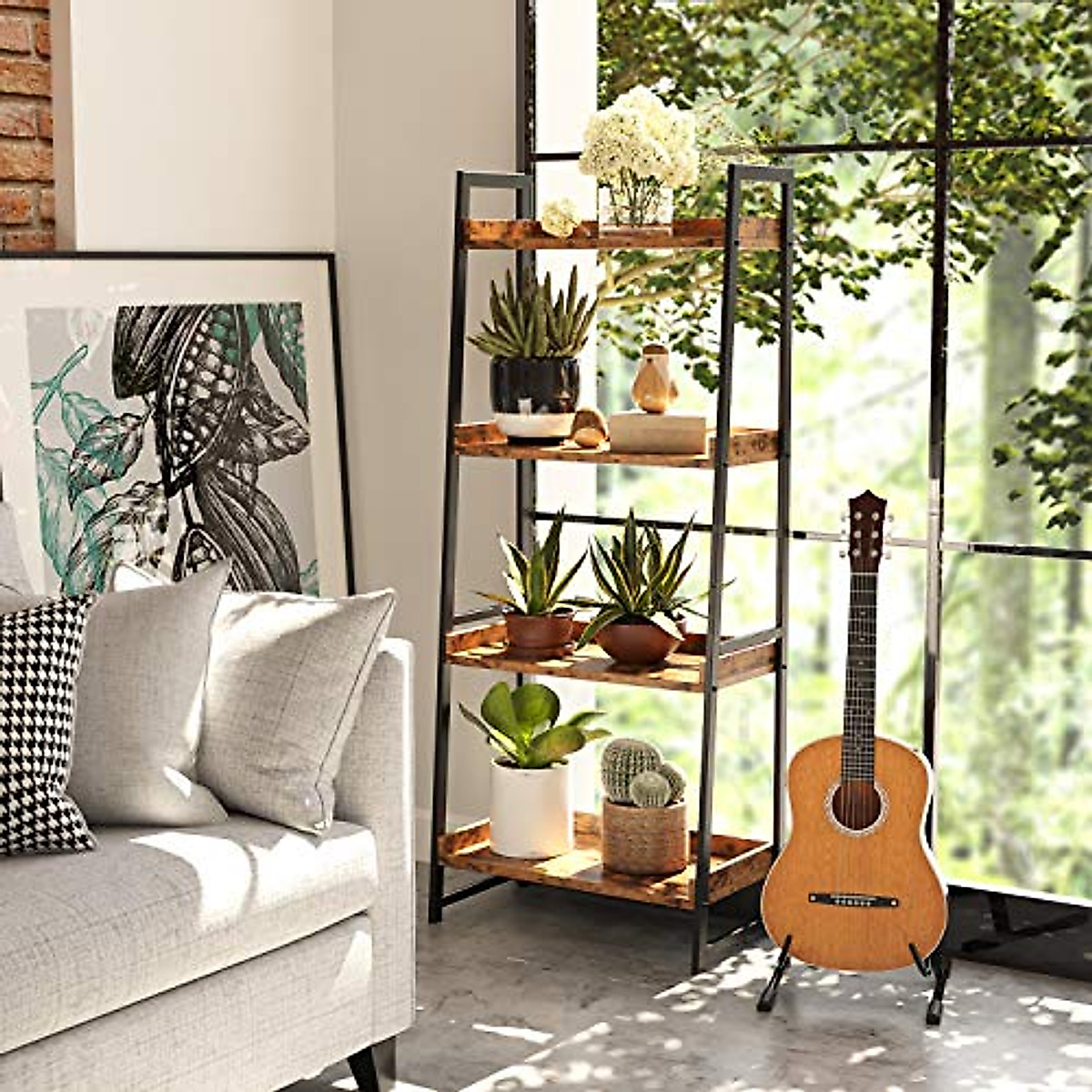 IRONCK Industrial Bookshelf 4-Tier, Bookcase 60" H Ladder Shelf, Storage Shelves Rack Shelf Unit, Accent Furniture Metal Frame, Home Office Furniture for Bathroom, Living Room, Vintage Brown