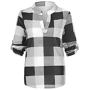 YAnGSale Top Casual Plaid Blouse Women Cotton Sweatshirt Long Sleeve Shirts Women's V-Neck Fall Sweaters Pullover Tops White