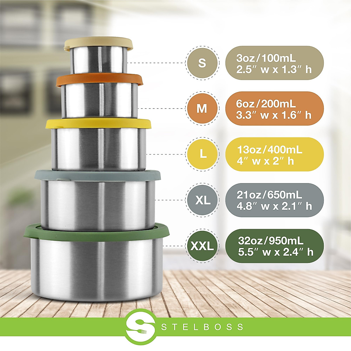 Stelboss Stainless Steel Containers with Lids Set of 5 - Reusable Airtight Stainless Steel Lunch Container - Leak Proof with 5 Sizes 32oz, 21oz, 13oz, 6oz & 3oz - Perfect for Meal Prep and Storage