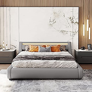 MACHOME Queen Size Faux Leather Upholstered Platform Bed with Hydraulic Storage System, with LED Light Upholstered Headboard, Bedframe w/Wood Slat Support, for Bedroom, Kids Room, Guest Room, Gray