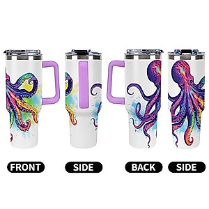 LLUTSNTH 40 Oz Vacuum Tumbler with Violet Handle Leakproof Insulated Tumbler Colorful Octopus Stainless Steel Travel Mug with Lid And Straw Coffee Cup Cute Water Bottles Cup Holder Friendly