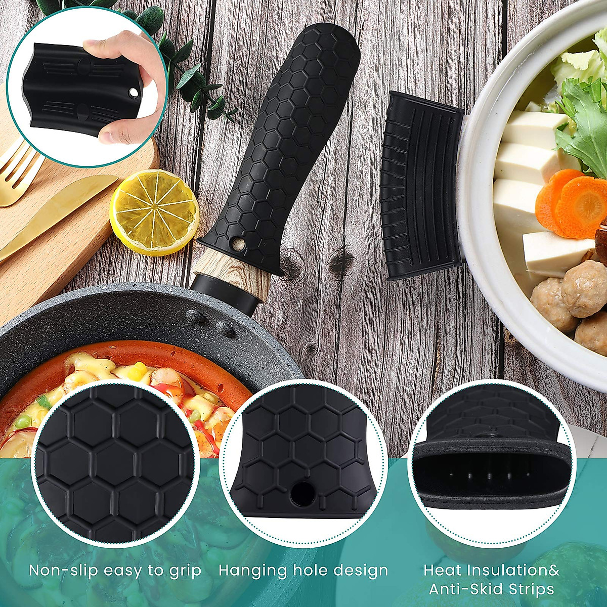 8 Pieces Silicone Hot Handle Holder Non Slip Pot Holders Cover Assist Hot Pan Handle Rubber Heat Resistant Pot Sleeve Grip Cookware Handle for Frying Cast Iron Skillet Metal Pan (Black)