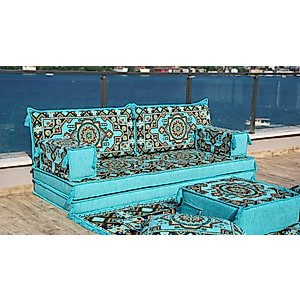 Turquoise Arabic Living Room, Moroccan Home Decor, Floor Cushion, Arabic Floor Couch, Turkish Floor Sofa, Ethnic Sofa, Arabic Sofa Seating (Sofa Full Set)