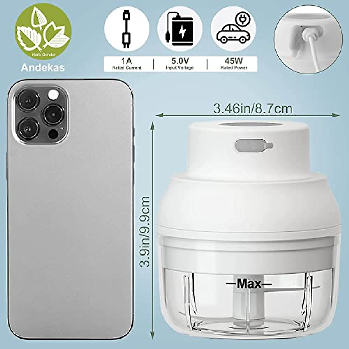 Andekas Electric Herb Grinder - 3.9"/3.4oz Large Capacity Grinder with USB Rechargeable and Brush, Perfect for Grinding Spices & Herbs (White)