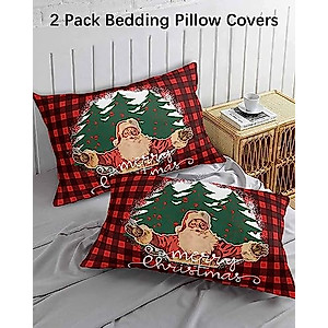 Standard Size Pillowcases Merry Christmas Pillow Case Set of 2, Soft Throw Pillow Covers with Envelope Closure Decorative Bed Pillow Shams for Bedroom Sofa Couch Santa Claus Xmas Tree Red Plaid