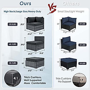 Modern Patio Furnitures Outdoor Sectional PE Wicker Sofa Sets with Waterproof Steel Frame & Thicken Charcoal Cushions & CSA Aproved Aluminum Propane Fire Pit Table 55000 BTU (Wicker Gray-7 Pcs)