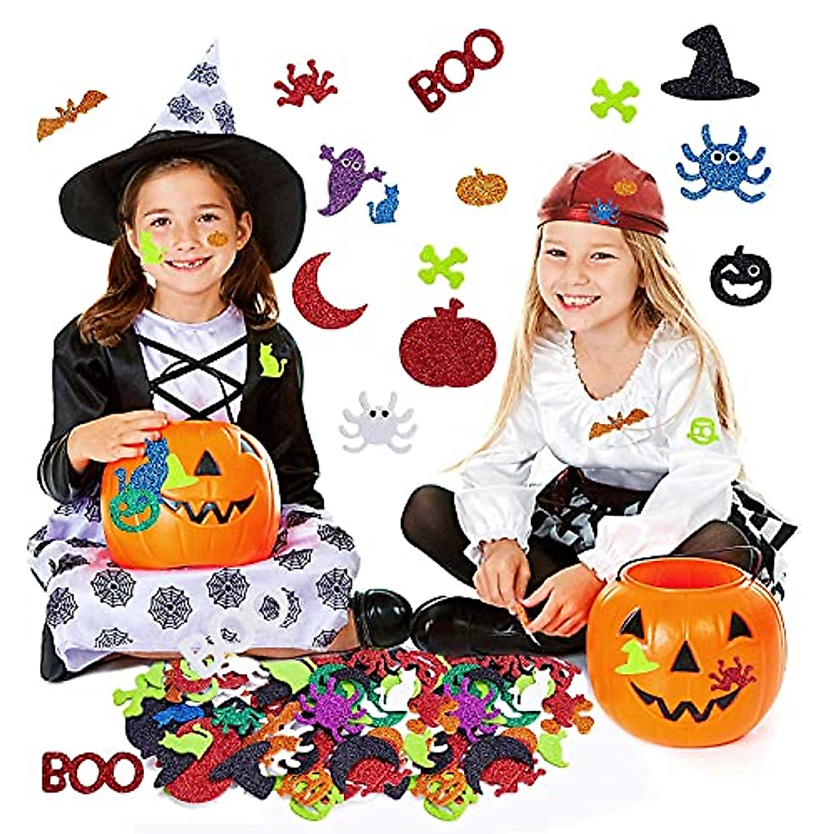 Halloween Foam Stickers 300Pcs, 200 Self-Adhesive Foam Glitter Sticker & 100 Wiggle Eyes, Pumpkin Ghost DIY Crafts for Halloween Thanksgiving Party