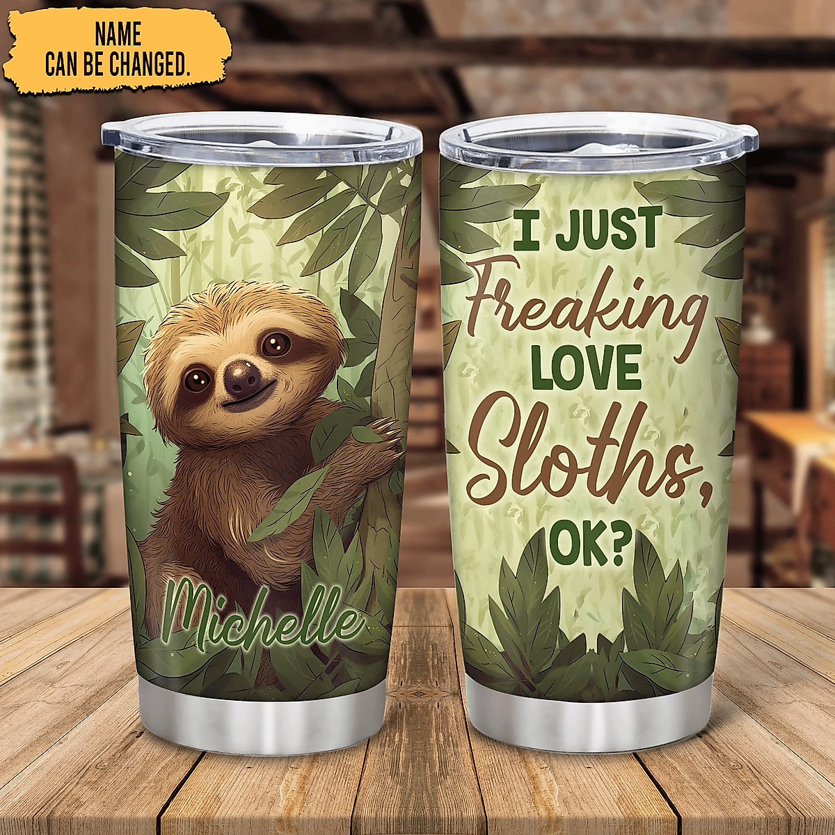 Hyturtle Personalized Gifts For Sloth Lover - I Just Freaking Love Sloths Custom Name Stainless Steel Tumbler 20oz With Lid - Idea Animal Lover Gifts For Women Girl On Birthday, Christmas