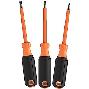 Klein Tools 85073INS Insulated Screwdriver Set features 1000V Phillips, Slotted and Square Tips, Cushion Grip Handles, 3-Piece