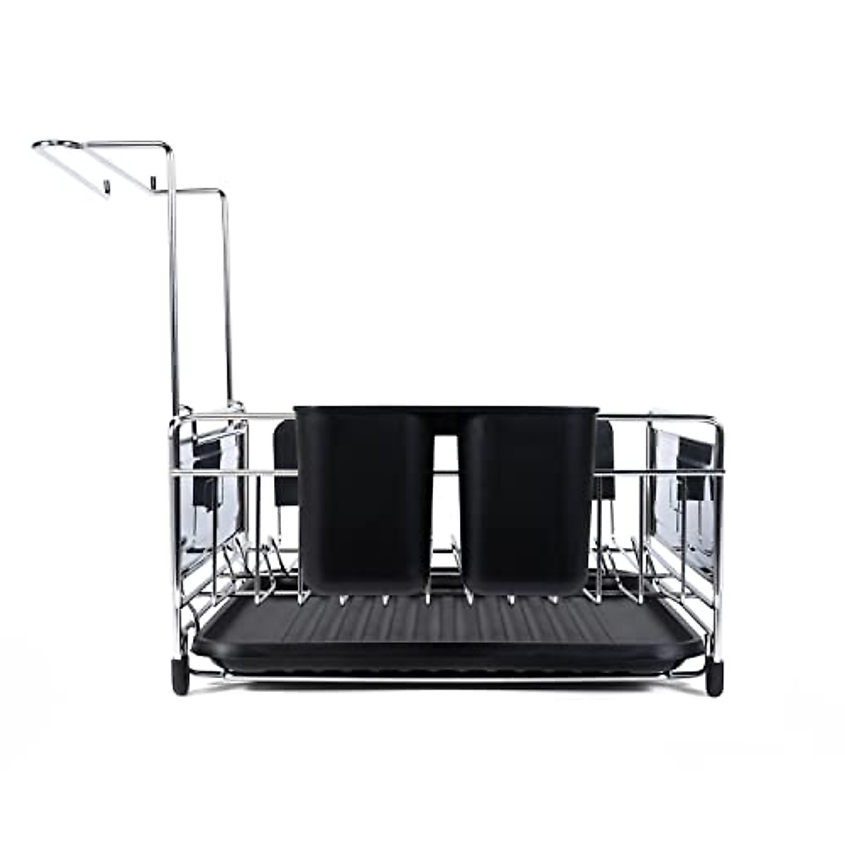 happimess DSH1000A Compact 17.25" Fingerprint-Proof Stainless Steel Dish Drying Rack, Dish Rack with Wine Glass Holder, Utensil Holder, Stainless Steel/Black, Silver/Black