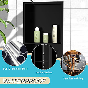 Qeke Stainless Steel Shower Niche 18" X 12", No Tile Needed Wall Niche Double Shelves, Recessed Niche Shower for Bathroom Storage, Matte Black