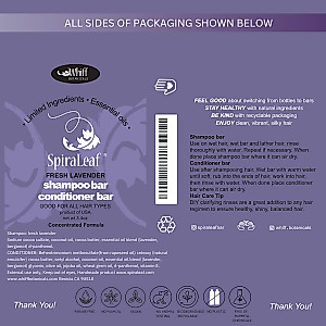 SpiraLeaf Shampoo Bar & Conditioner Bar Set, FRESH LAVENDER Pure Essential Oils, Light Scent, Limited Ingredients, Concentrated Formula, Made USA, Zero Waste, Color-Fragrance Free, Travel Ready