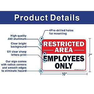 Faittoo Restricted Area Employees Only Sign, 10 x 7 Inches .40 Rust Free Aluminum, UV Protected, Weather Resistant, Waterproof, Durable Ink, Easy To Mount