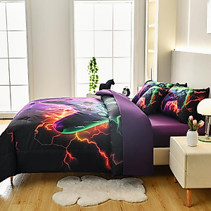 DORCAS Full Gaming Comforter Set for Boys,6 Pcs Gamer Bedding Set Full Size Sheets and Comforter Set for Boys Kids Teen(Purple,Full)
