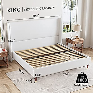 Jocisland King Size Bed Frame 51.2" High Linen Upholstered Platform Bed with Wingback Headboard/No Box Spring Needed/Easy Assembly/White