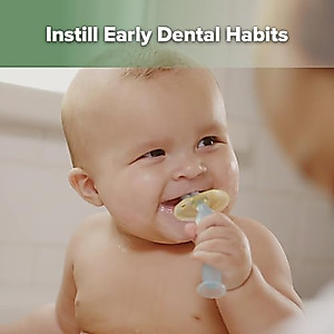 haakaa 360° Baby Toothbrush with Suction Base - Gentle Cleaning for Toddler's Self-Brushing Training, Food-Grade Silicone, Adjustable Safety Shield - Blue (1 Piece)