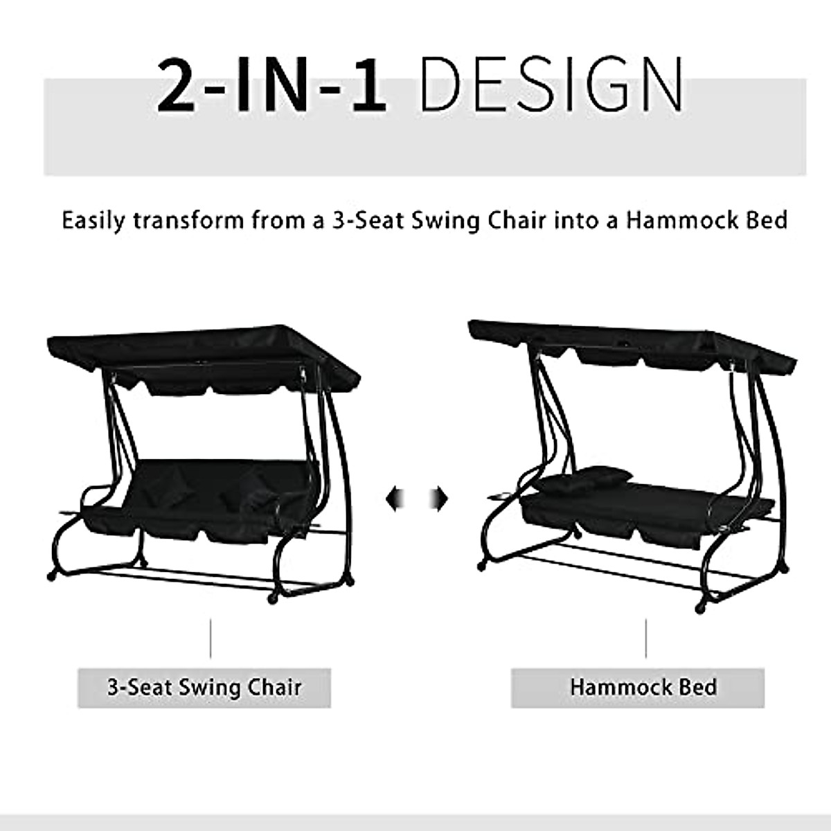 Outsunny 3-Seat Outdoor Patio Swing Chair, Converting Flatbed, Outdoor Swing Glider with Adjustable Canopy, Removable Cushion and Pillows, for Porch, Garden, Poolside, Backyard, Black