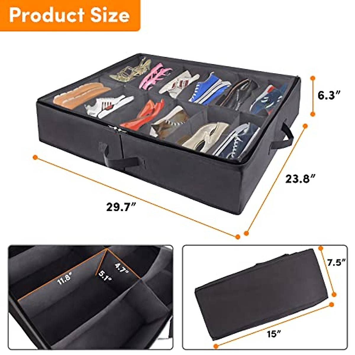 ORLANG Under Bed Shoe Storage Set of 2, Shoe Organizer Under Bed Fits 24 Pairs,Underbed Shoe Storage with Clear Window and 2 Sturdy Handles and Sturdy Zipper,breathable Materials (Grey)