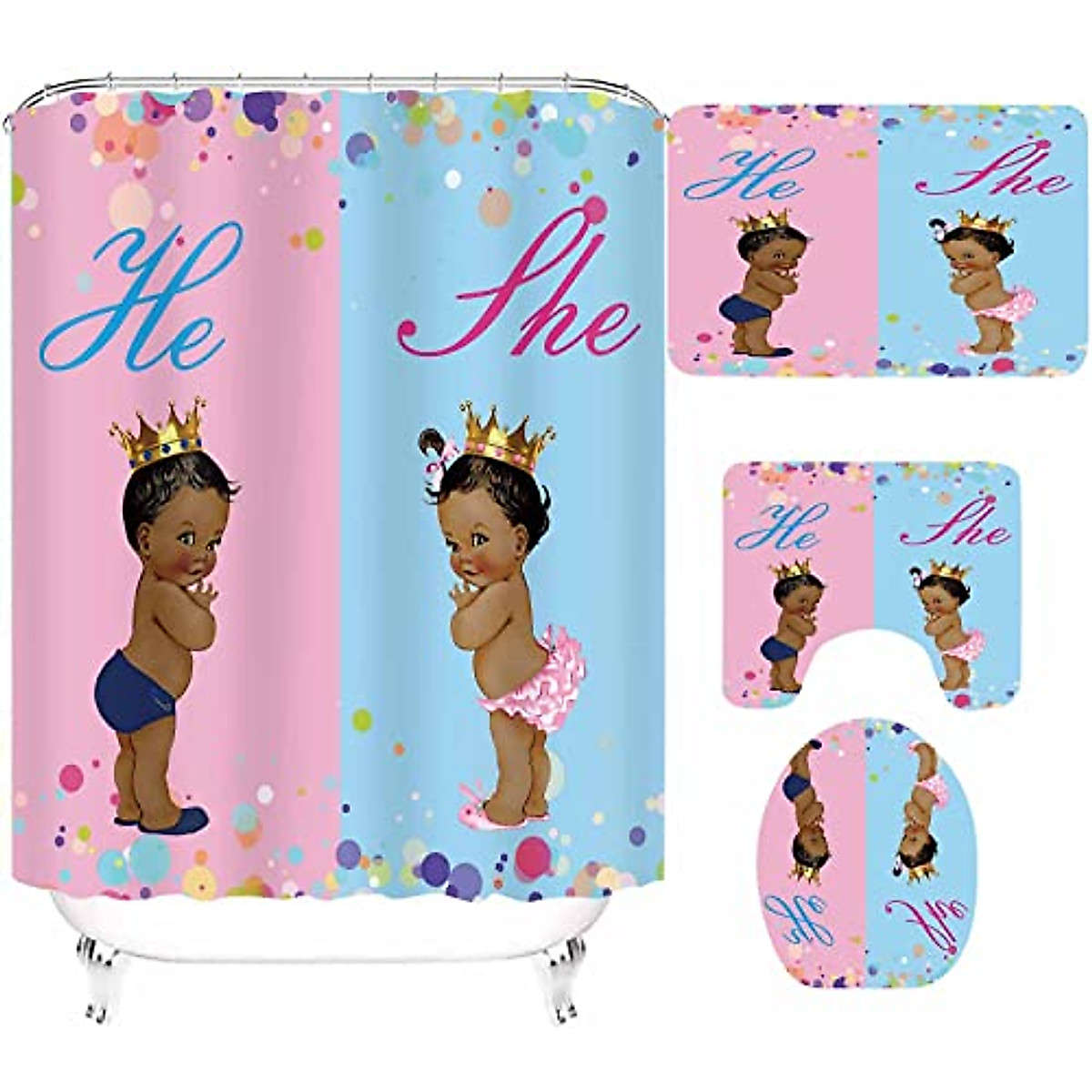NTETSN 4 PCS African American Kids Shower Curtain Set 4 Pieces Children Baby Bathing Shower Curtains with Bath Rugs Non-Slip Soft Toilet Lid Cover for Bathroom Decor SETYYNT5