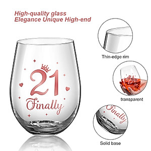 Stemless Wine Glass Rose Gold Birthday Wine Glass Present Anniversary Glasses for Man Women Birthday Party Wedding Anniversary Decorations, 17 oz (21 and Fabulous)