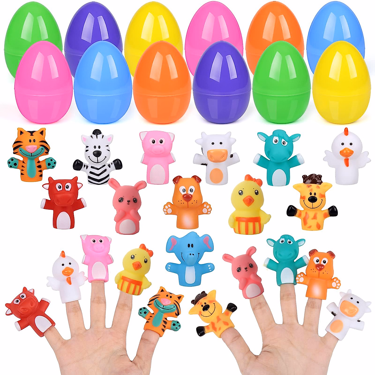 Easter Eggs with Animal Finger Puppets for Easter Eggs Hunt, Easter Basket Stuffers, Party Favors, Classroom Prize Supplies 12pcs