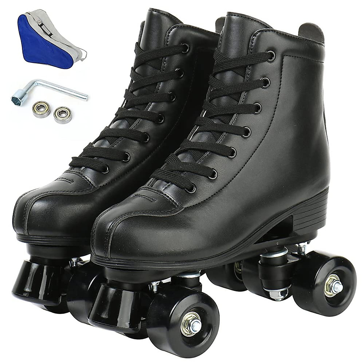 Womens Roller Skates PU Leather High-Top Roller Skates Classic Double-Row Wheels Shiny Indoor Outdoor Beginner Roller Skates for Teens Adult Unisex (Black Wheel,41)