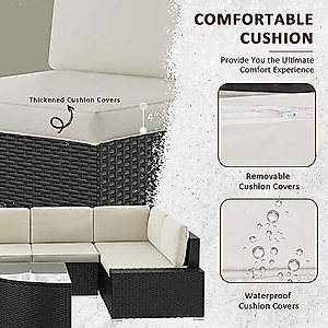 6 Pieces Patio Furniture Set All Weather Outdoor Couch, Modular Outdoor Sectional Sofa, Rattan Wick Patio Conversation Sofa Set with Washable Cushions & Glass Table for Deck, Porch, Backyard, Black