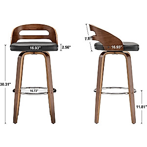 Bar Stools Set of 2, Swivel Bar Height Stools with Walnut Bentwood, Low Back, Upholstered Faux Leather, Soft Cushion Seat, Mid Century Bar Stools for Kitchen/Island/Counter (Black, 30" Seat Height)