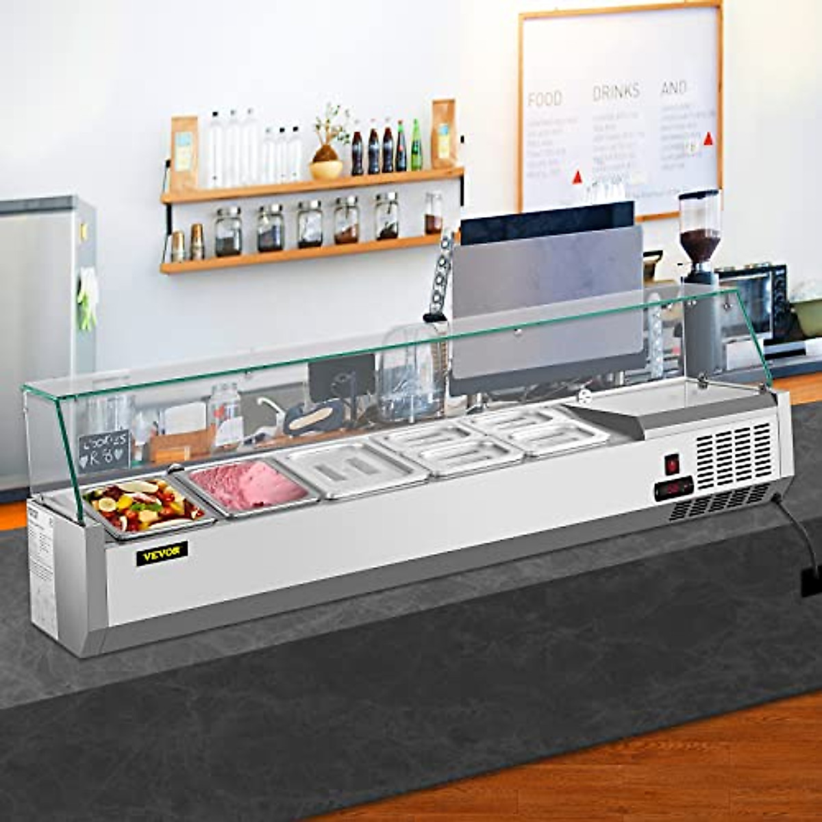 VEVOR Refrigerated Condiment Station, 55-Inch, 13.8Qt Sandwich Prep Table with 3 1/3 4 1/6 Pans, 150W Salad Bar with 304 Stainless Body Tempered Glass Shield Digital Temp Display Auto Defr, Silver