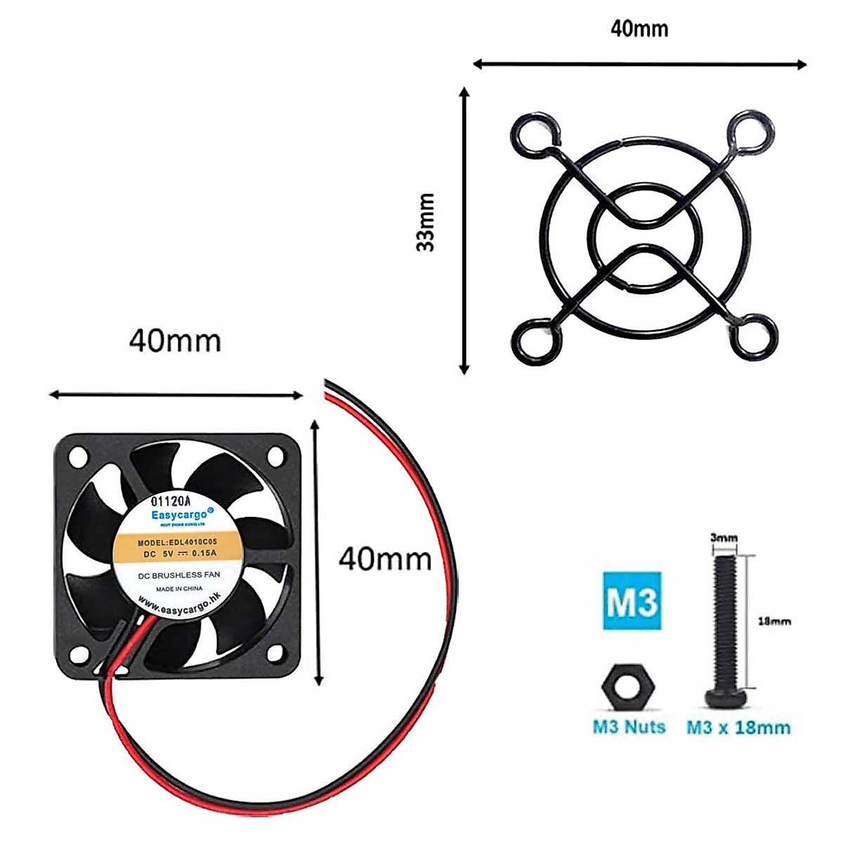 Easycargo Raspberry Pi Fan 40mm 5V DC, Quite 4010 Cooler Fan Sleeve Bearing Brushless 2 pin, 40mm Cooling Fan + Grill Mounting Kit 40mm x 40mm x10mm 4pcs