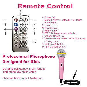 Kidsonor Kids Bluetooth Karaoke Machine with 2 Microphones, Wireless Remote Control Portable Karaoke Music MP3 Player Loudspeaker with Microphones for Kids Adults Home Party (Pink)