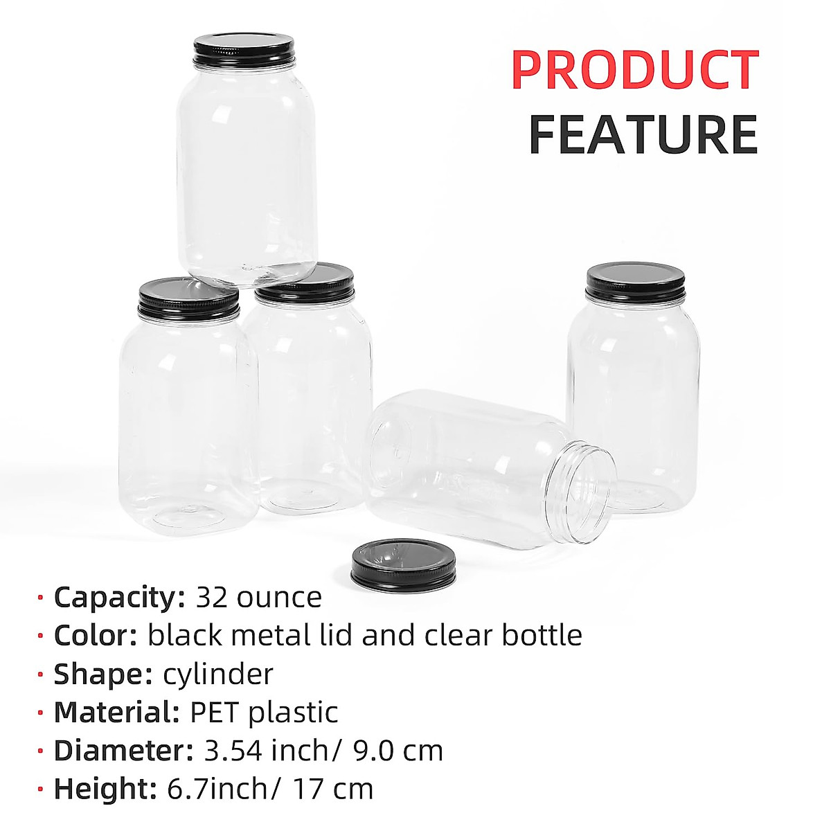 OMNISAFE 32 Ounce Clear Plastic Mason Jars With Screw On Lid, Reusable Empty Jars for Food Storage, Round BPA Free Containers for Sealing, Dry Food, Snacks, Candies, Breakage-proof, (Black - 12 Pack)