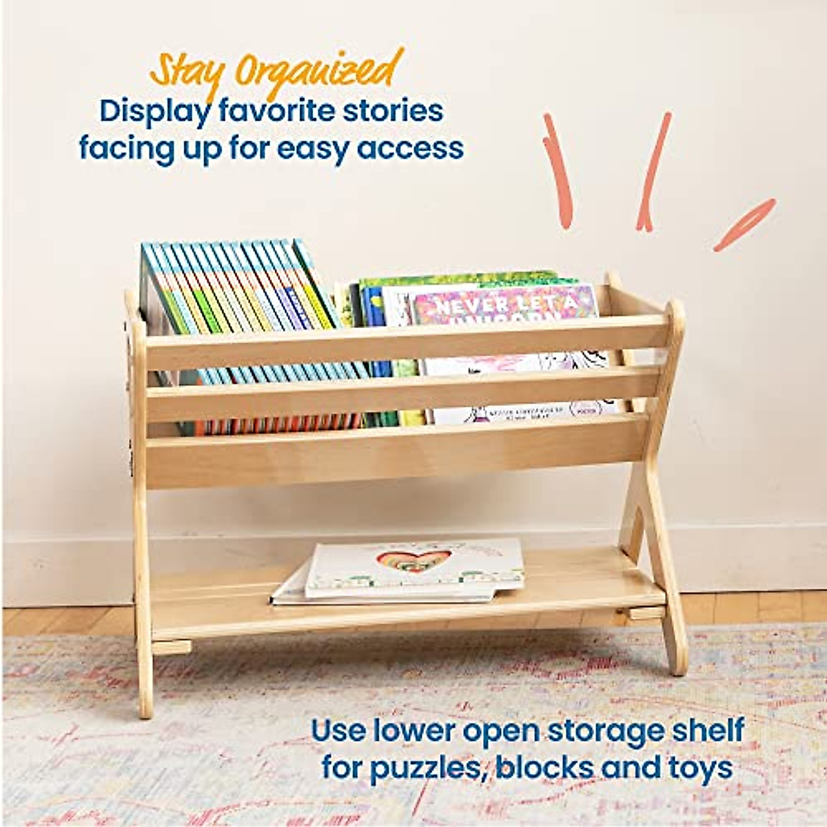 ECR4Kids Book Caddy with Shelf, Bookshelf with Storage, Natural