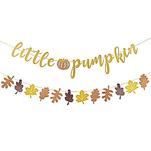 Glitter Little Pumpkin Banner with Pumpkin Fall Leaves Garland Banner -Thanksgiving Autumn Festival Fall Theme Baby Shower Kid's Birthday Party Decorations Supplies
