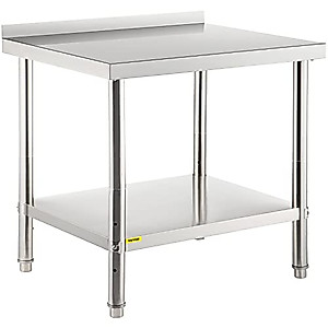 VEVOR Stainless Steel Prep Table, 36 x 24 x 35 Inch, 440lbs Load Capacity Heavy Duty Metal Worktable with Backsplash and Adjustable Undershelf, Commercial Workstation for Kitchen Restaurant