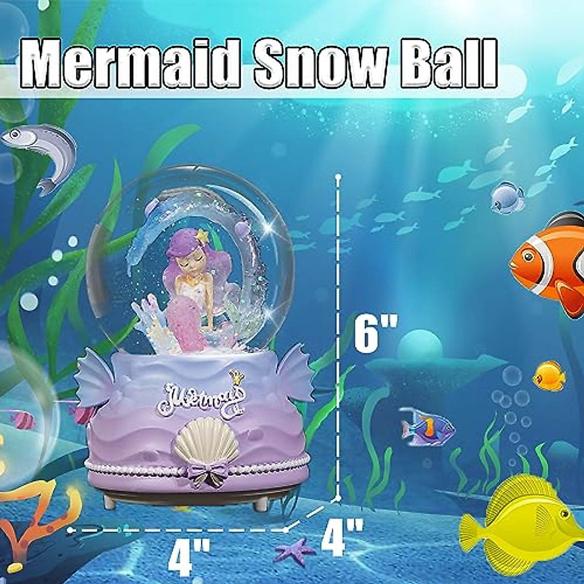 Snow Globe, Asfety Mermaid Musical Snow Globe with LED Rainbow Snow Lights and Play Music, Resin Automatic Snowfall Mermaid Gifts for Girls Snow Globe Christmas, Festival Gifts for Mothers Daughter