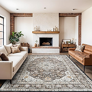 HILORUUG Washable Area Rug 9x12 - Bedroom Living Room Large Indoor Rugs Soft Oriental Vintage Rugs Non-slip Backing Stain Resistant for Farmhouse Kitchen (9x12 Brown)