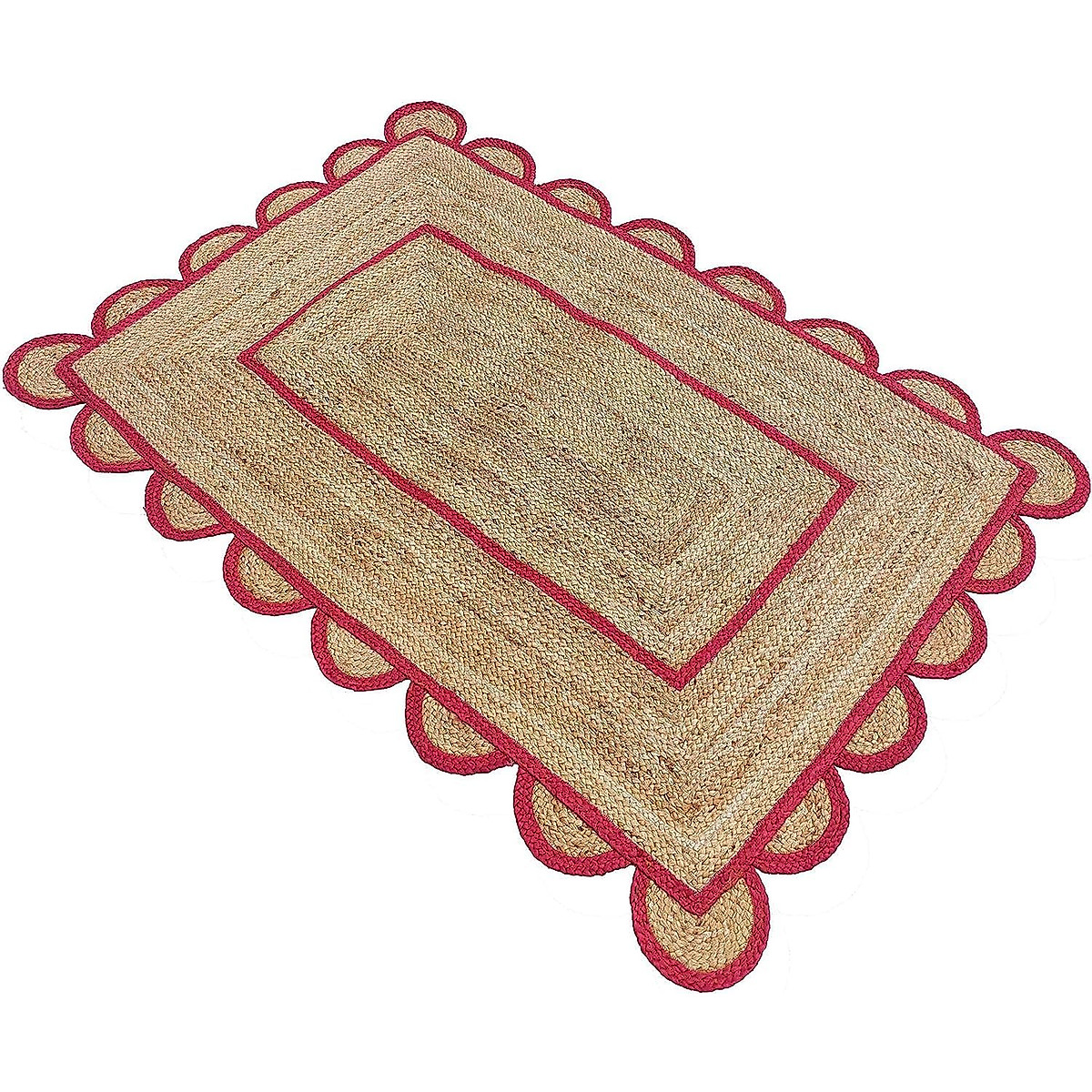 BUNDELA EXPORTS Scalloped Jute Area Rug, Floor Farmhouse Rug Natural Braided Reversible Boho Eco Large 2x12 Ft Runner Rug (RED)